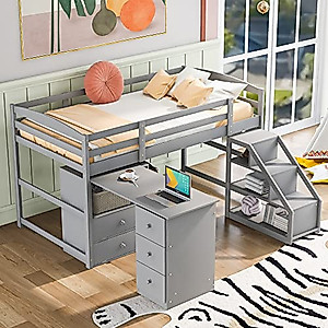 ERDAYE Twin Size Wooden Loft Bed Frame with Multifunctional Movable Built-in Desk, 5 Drawers and Staircase Bring Storage Shelf for Bedroom Guest Room Furniture, Gray