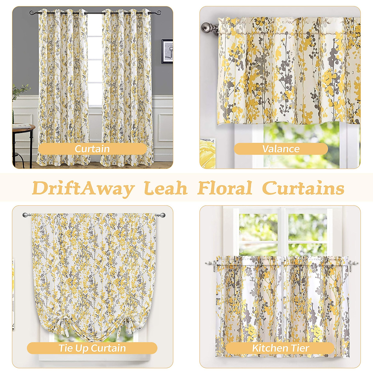 DriftAway Abstract Floral Yellow Curtains for Living Room Bedroom Ink and Ivy 84 Inches Long Botanical Room Darkening Window Drapes Grommet Top 2 Panels