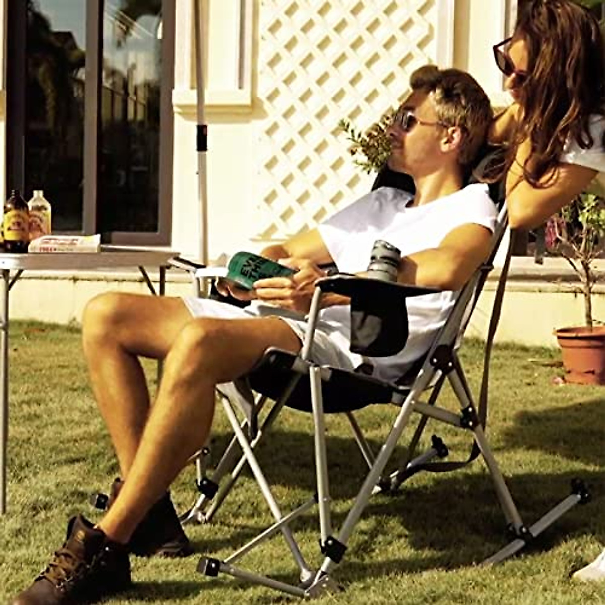 FUNDANGO Rocking Adults Rocker Lawn Chairs Support 220 lbs for Backyard, Garden, Picnic, Camping, Outdoor, Oversized, Black/Grey