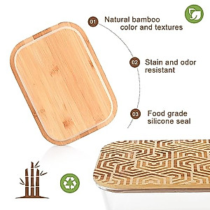 Delight King Glass Containers with Bamboo Lids, Set of 4 Glass Food Storage Containers with Wooden Lids, Non Toxic, Non Plastic, Fridge and Microwave Safe, Eco Friendly, Leaf Printed Wood Lid Design