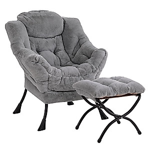 LITA Lazy Chair with Ottoman, Modern Accent Leisure Upholstered Sofa Chair, Contemporary Lounge Reading Chair with Armrests and a Side Pocket for Living Room, Bedroom & Small Space, Plush Grey