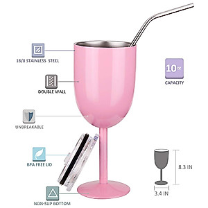 AMZUShome Stainless Steel Wine Glasses Cups.Double Walled Vacuum Insulated Wine Tumbler With Lid and Straw.Friendship,Christmas,Birthday Gifts for Women Men Friends Dad Mom(10oz Light Pink)