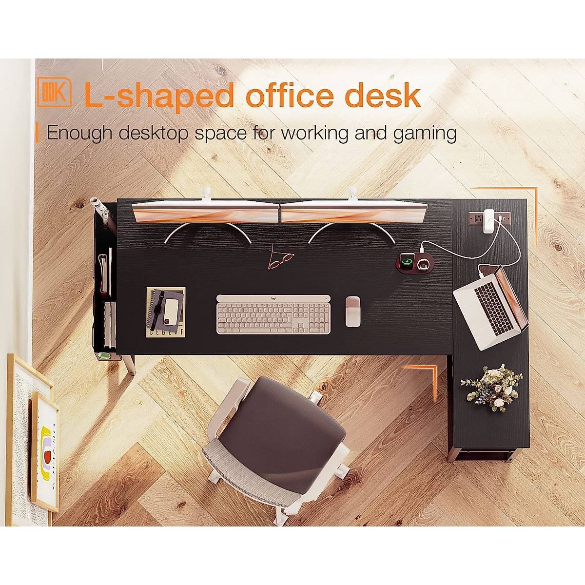 ODK 55 Inch Small L Shaped Computer Desk with Power Outlets, Corner Desk with PC Stand & Reversible Storage Shelves for Small Space Home Office Workstation, Modern Simple Writing Study Table, Black
