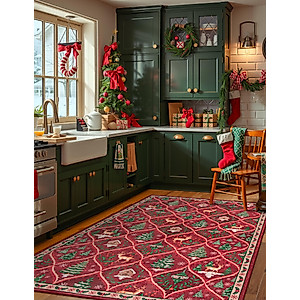Lahome Christmas Living Room Rug, 5x7 Print Christmas Reindeer Rugs for Bedroom Aesthetic Large Washable Area Rug, Soft Christmas Tree Area Rug Stain Resistance Dining Room Rugs for Under Table (Red)