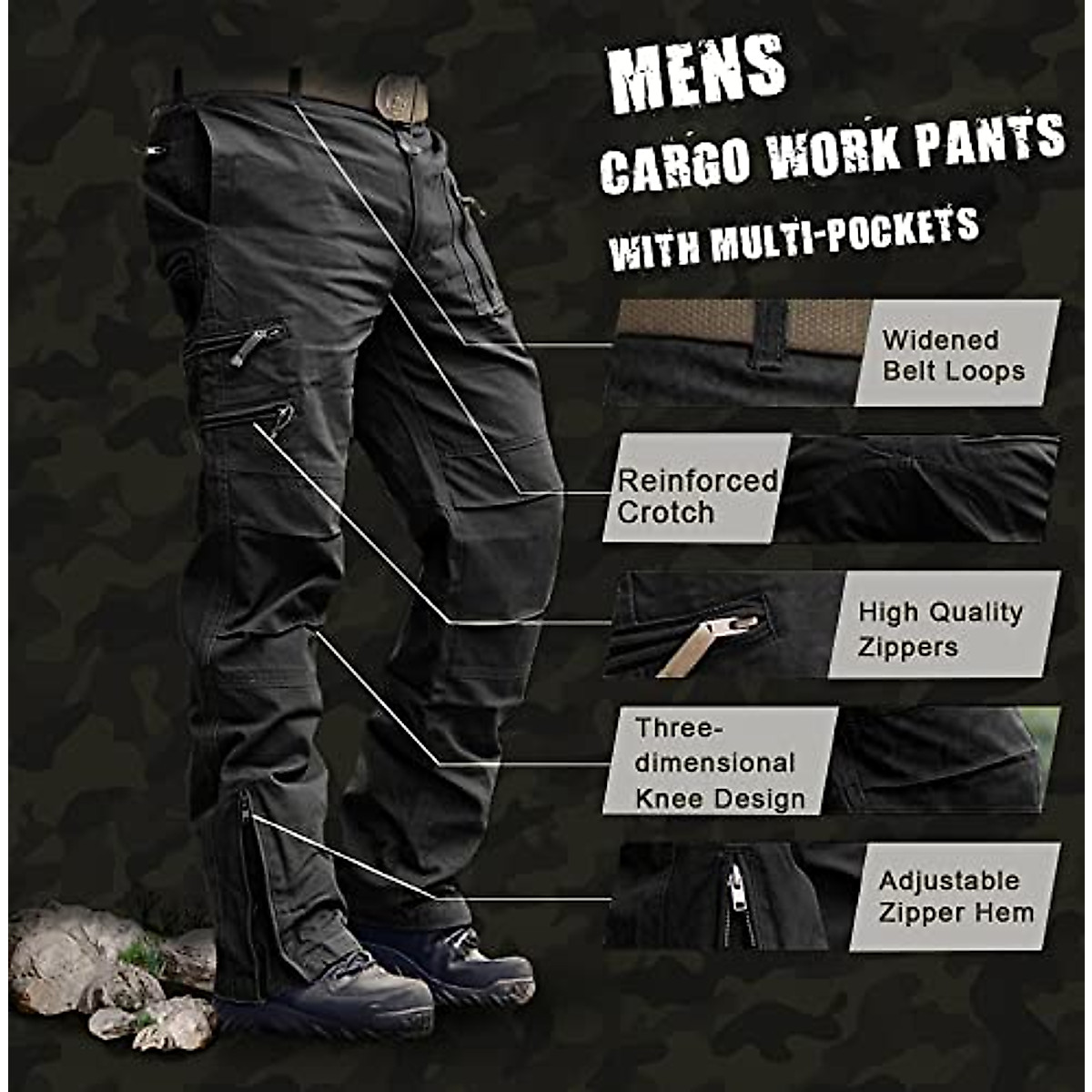 AKARMY Men's Work Pants, Cargo Pants for Men, Straight Tactical Pants, Work Travel Casual Pant with Multi Zipper Pockets 9920 Black 38