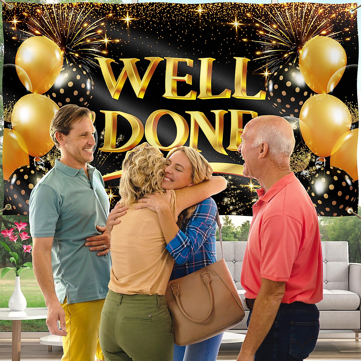 Well Done Banner - Congratulations Banner - Congratulations Decorations - Congrats Banner - We are so Proud of You Banner - Graduation Banner - Graduation Decorations - 5ft x 3ft (Black & Gold)
