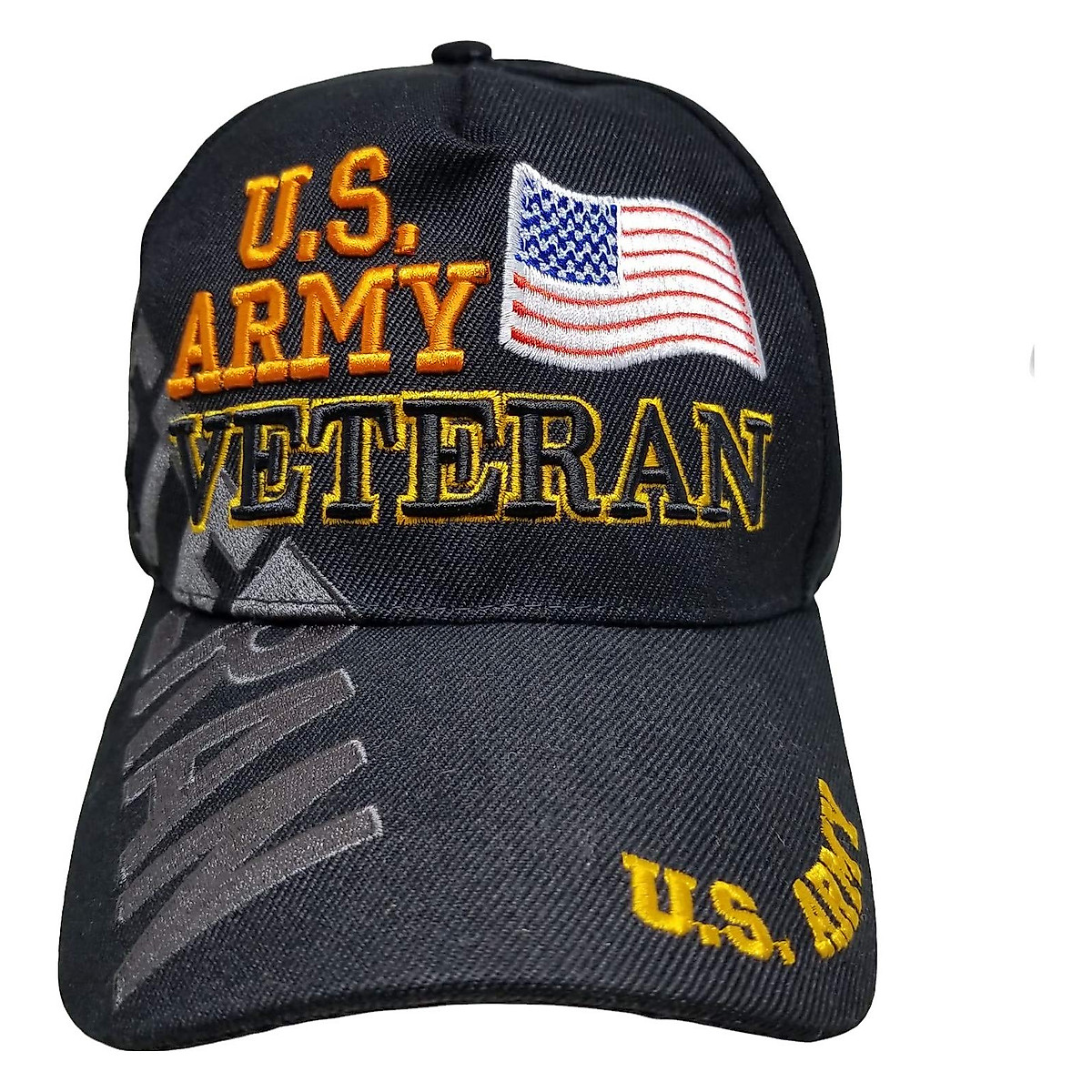 Army Black Baseball Cap US Veteran V American Flag USA Hat United States (Army Veteran Cap Black Side Shadow)