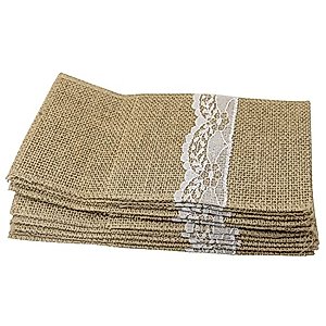 Burlap Silverware Holder FMHXG 10PCS 22x11 cm / 8.3x4.3 inches Reusable Rustic Burlap Lace Utensil Holder Pouches,Knife Fork Tableware Bags for Table Setting, Cutlery Holder