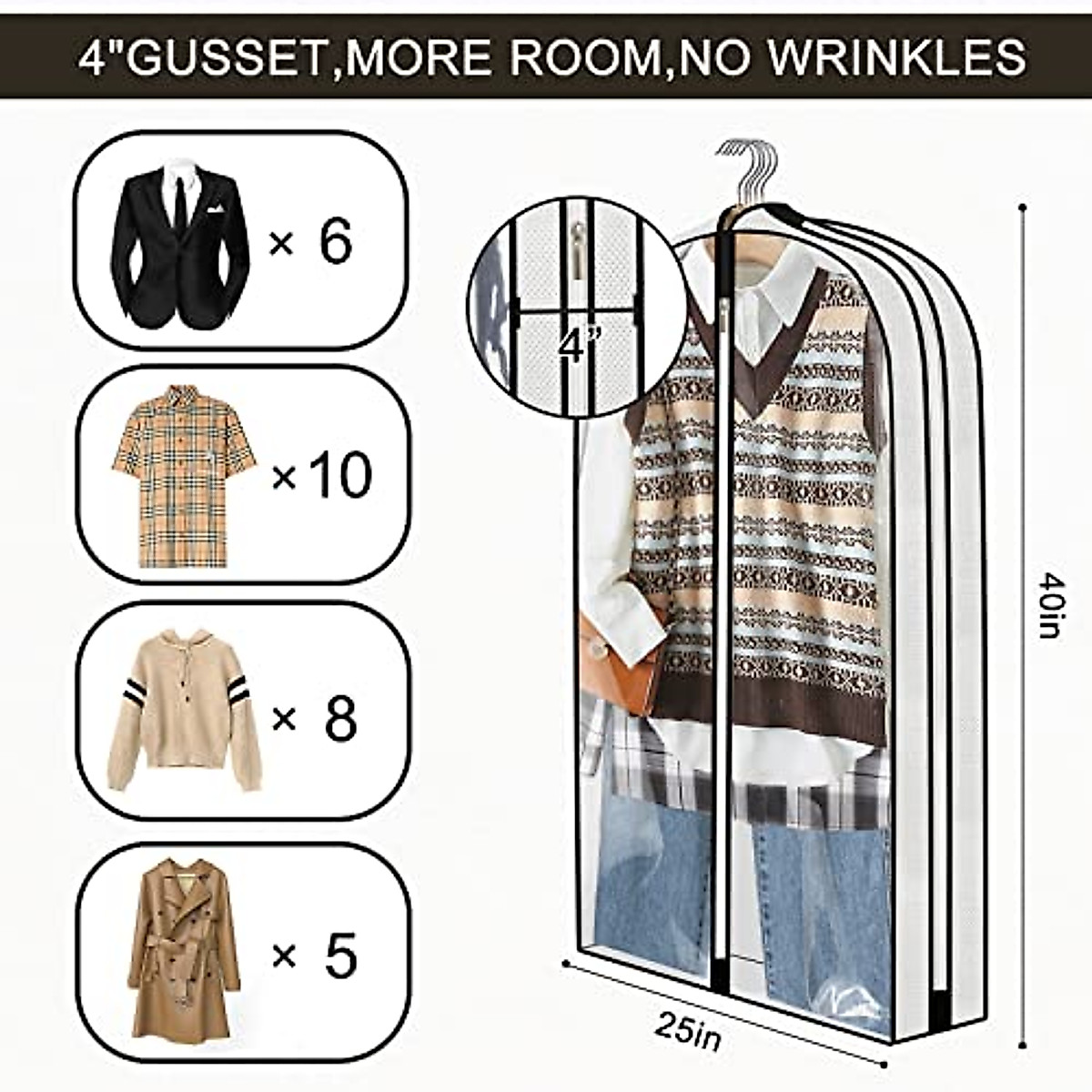 BiCINE 40" Garment Bags for Hanging Clothes, Clear Suit Bags for Closet Storage Travel with 2 Zippers, 4" Gusset Breathable Clothes Garment Cover for Coats Sweaters Shirts Dress (White, 3 Pack)