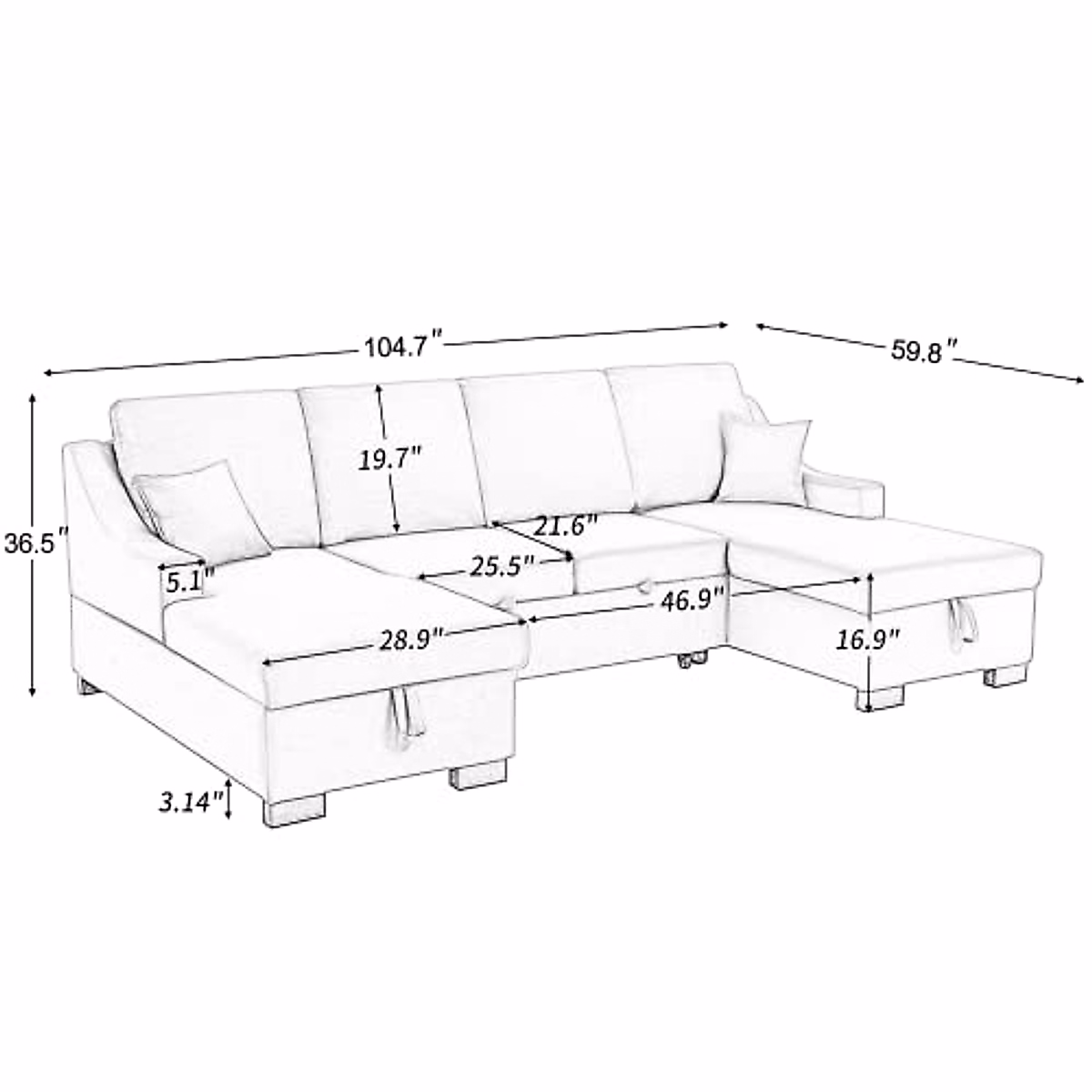 Merax Upholstery Sectional Sofa Sleeper Sectional Couch Pull-Out Sofa Bed,U Shape Sectional Sofa with Double Storage Spaces and 2 Tossing Cushions for Living Room