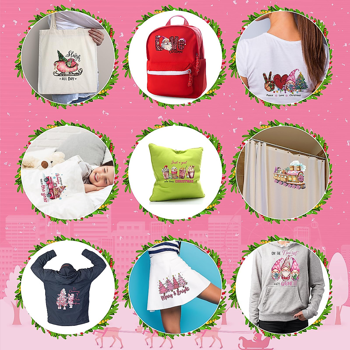 Fumete 12 Sheets Christmas Iron on Transfers for T Shirts Pink Iron on Decals Elk Snowman Tree Pattern Applique Stickers Christmas Heat Transfer Paper Stickers for DIY Xmas Clothing