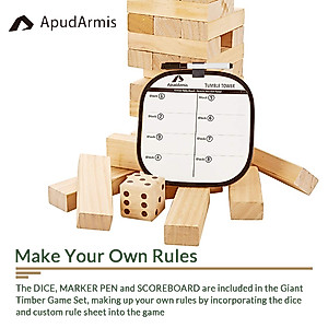 ApudArmis Giant Tumble Tower (Stack from 2Ft to Over 4.2Ft), 54 PCS Pine Wooden Stacking Timber Game with 1 Dice Set - Classic Block Giant Outdoor Game for Teens Adults Family