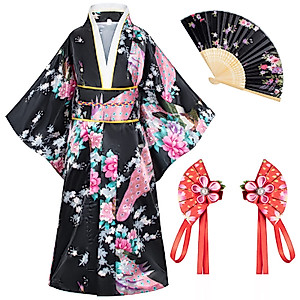 Japanese Traditional Dress Kimono Robe for Kids Girls Costume Silk Folding Fans hairstick Set(Black150cm)