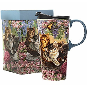 CEDAR HOME Travel Coffee Ceramic Mug Porcelain Latte Tea Cup With Lid 17oz. Flower and Cat