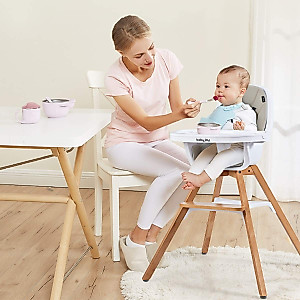 BABY JOY 3 in 1 High Chair, Baby Eat & Grow Convertible Wooden High Chair/Rocking Chair/Booster Seat/Toddler Chair, Infant Dining Chairs w/Double Removable Tray, 5-Point Seat Belt & PU Cushion, Gray