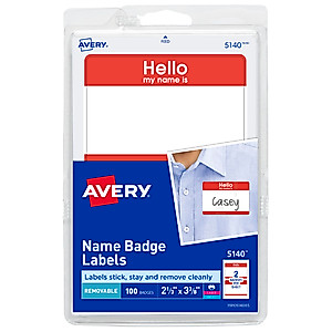 Avery Hello My Name Is Name Tags, White with Red Border, 100 Removable Name Badges (05140)