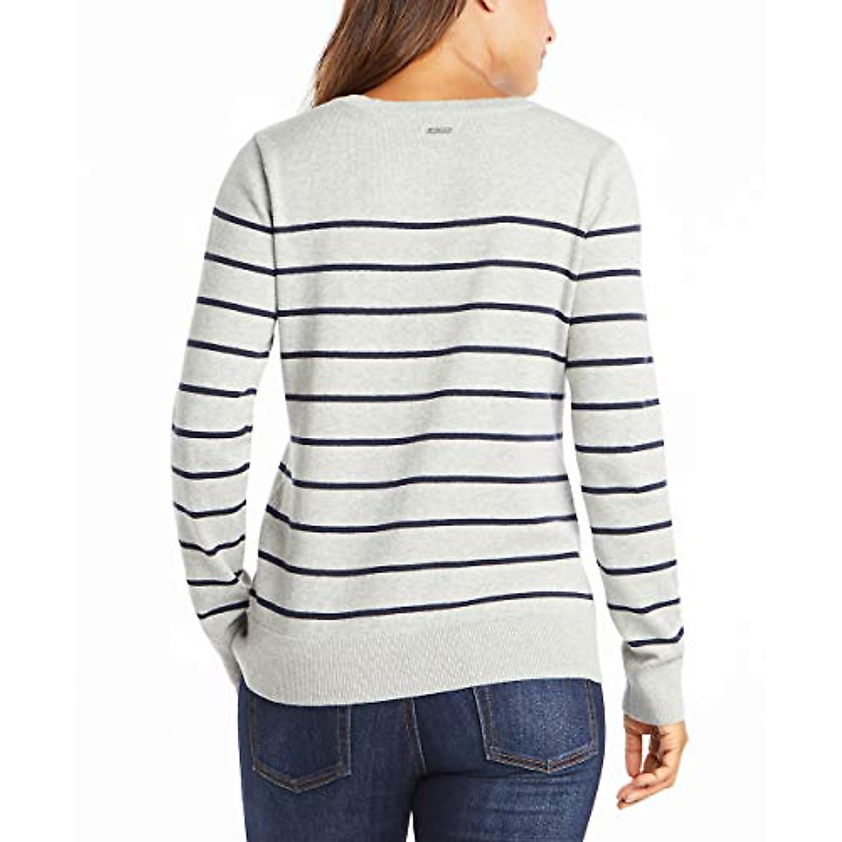 Nautica womens Year-round Long Sleeve 100% Cotton Striped Crewneck Sweater, Grey Heather, Medium US