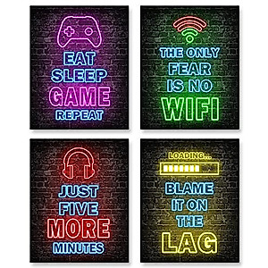 Printed Neon Gaming Posters Set of 4 (8”X 10”), Boys Room Decorations for Bedroom, gamer wall art,Gamer, Teen boy bedroom, game room, No Frames