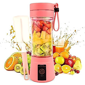 HERAVI'S Portable Blender with Brush, Rechargeable USB Blender, Smoothie Blender with 6 Blades Mini Blender for Kitchen, Home, Travel (Pink)