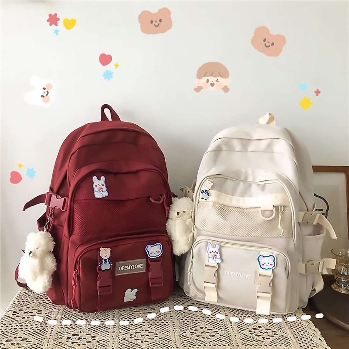 ASNAT Cute Backpack with Kawaii Pin and Accessories Back to School Bag Large Capacity (Red)