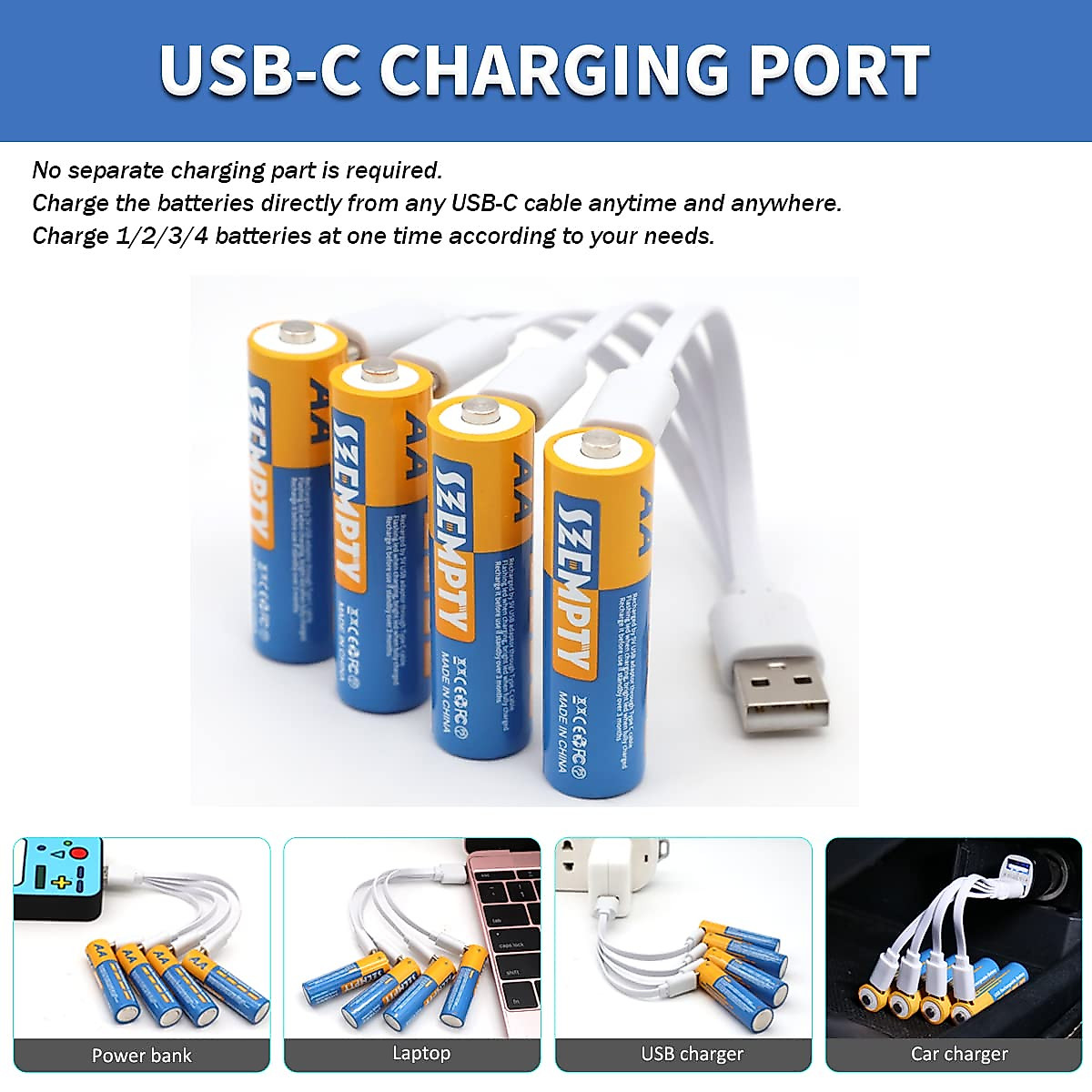 SZEMPTY Lithium 1.5V Rechargeable Batteries AA, Li-ion USB AA Battery 2600mWh with 2 in 1 Type C Charging Cable,Quick Charge in 2 Hours, Pack of 2