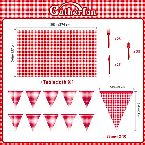 Gatherfun Gingham Red and White Party Supplies Disposable Paper Plates Napkins Cups Knives Spoons Forks Tablecloth Banner for Birthday Party Family Dinner Picnic Barbecue Mother's Day Party, Serve 25