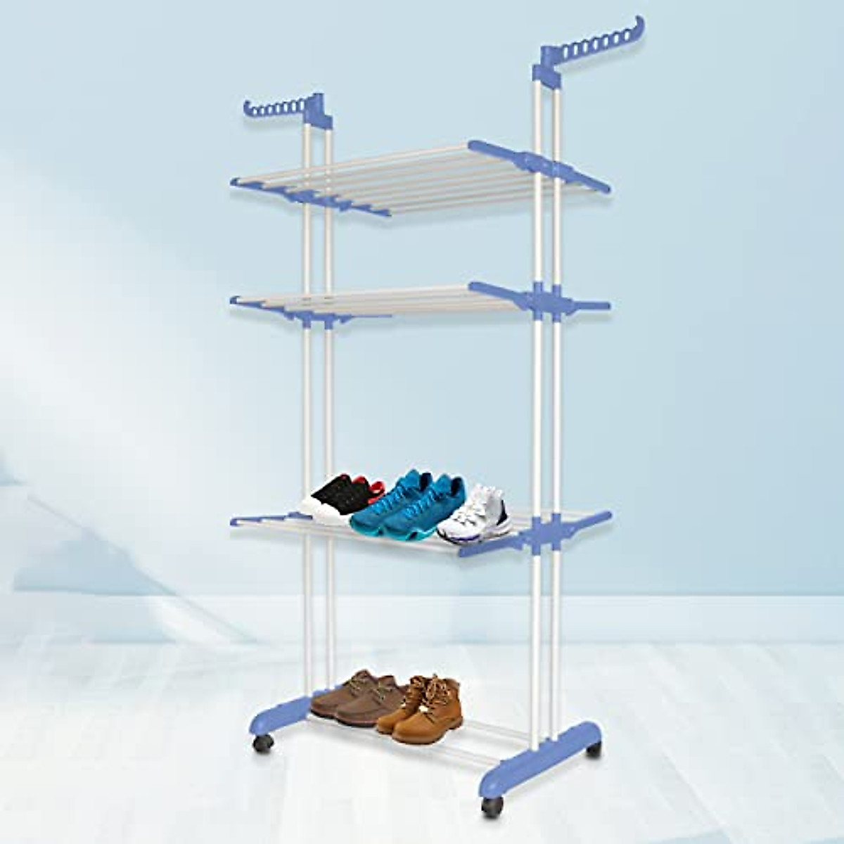 Fairnull [US Warehouse] Clothes Drying Rack, 4-Tier Oversize Clothes Drying Rack Collapsible, Stainless Steel Laundry Garment Dryer Stand Free-Standing Laundry Stand for Towels, Clothes, Shoes (Blue)