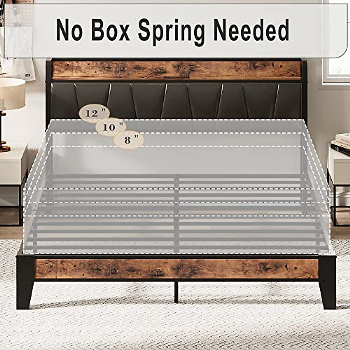 LIKIMIO Queen Bed Frame, Storage Headboard with Charging Station, Solid and Stable, Noise Free, No Box Spring Needed, Easy Assembly (Vintage and Black)