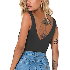 REORIA Women's Summer Sexy Plunge Deep V Neck Sleeveless Double Lined One Piece Tank Tops Thong Bodysuits Leotards for Going Out Black- Medium