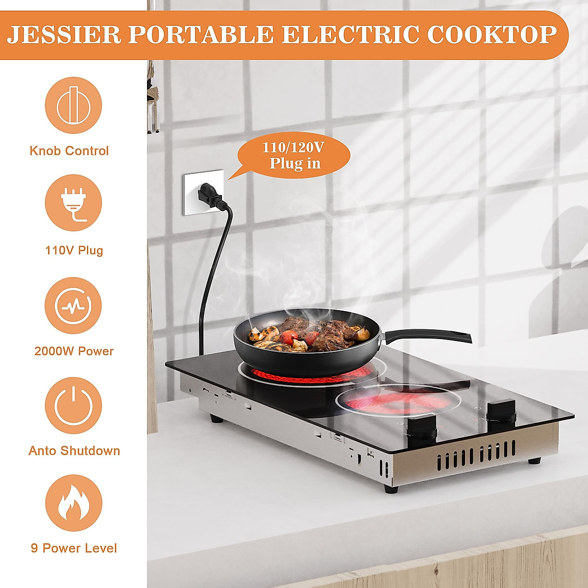 Jessier 2 Burner Electric Cooktop - 12 Inch Plug in Portable 110V Electric Cook Top, Built-in & Countertop Ceramic Stove Top with Knob Control, 9 Power Levels and Overheat Protection