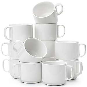 BTaT- Stackable Coffee Mugs, White, 12 Pack, 12 Oz (350 ml), Porcelain Coffee Mugs, Stackable Mugs, Stacking Mugs, Coffee Cup Stacking Set, Stacking Coffee Mugs, White Coffee Mugs