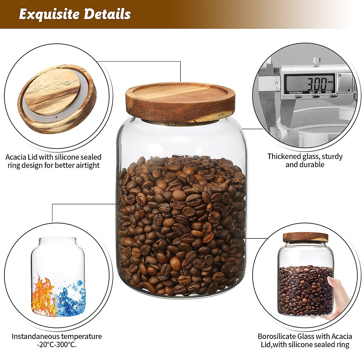 Glass Coffee Storage Jar with Lids Spoon Thicken Glass Coffee Canister 40 Oz (1200 mL) Borosilicate Glass Food Containers for Ground Coffee Beans Nut Pasta Sugar Candy Spice Rice Loose Tea