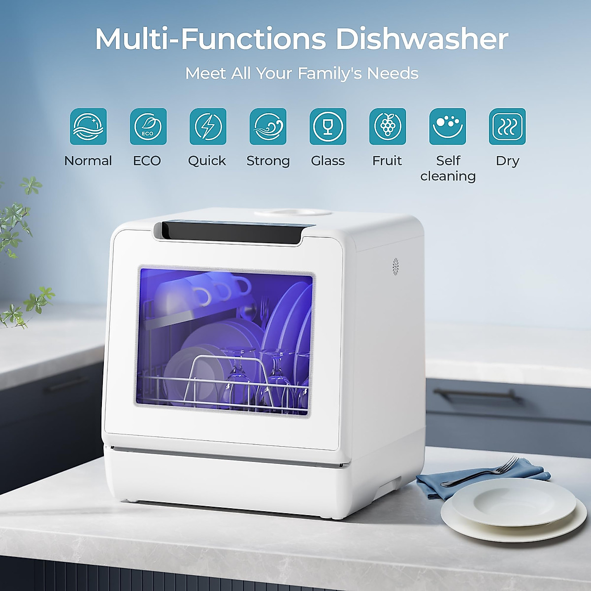 EUHOMY Portable Dishwasher Countertop, 8 Programs Dishwasher with 5L Built-in Water Tank and Drain Hose, Countertop Dishwasher No Hookup with 8 Modes with Self Clean & Baby Care, Dish Washer for RVs