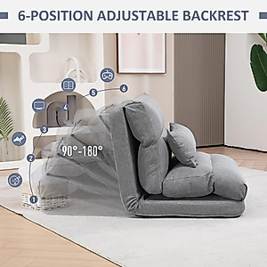 HOMCOM Folding Floor Chair, Convertible Lazy Sofa Bed, Floor Couch with 6-Position Adjustable Backrest and Pillow for Reading, Gaming, Meditating, Gray