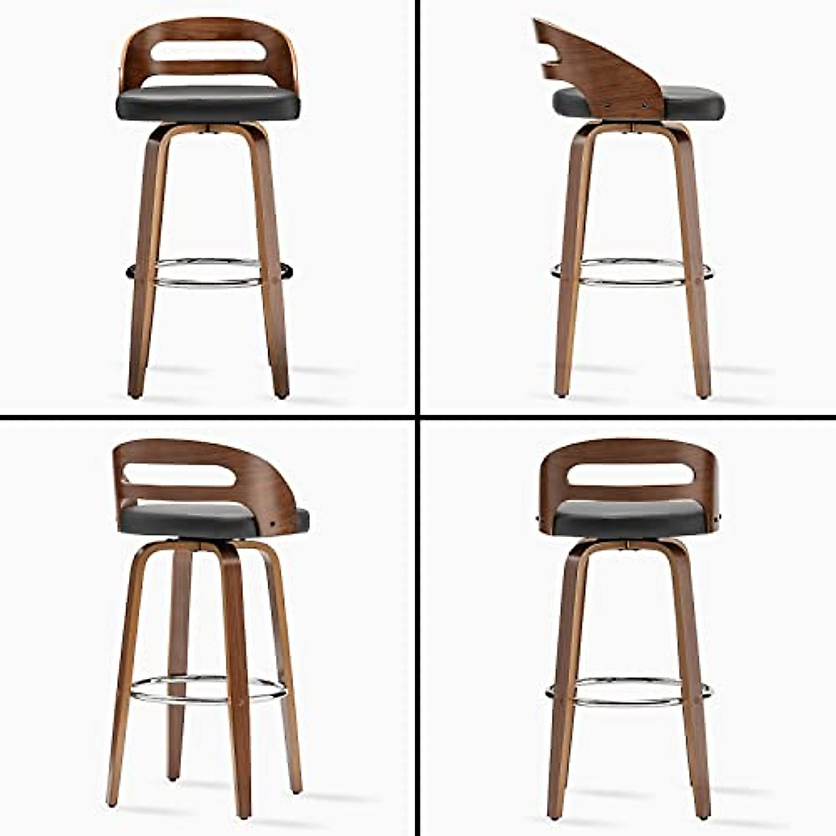 Bar Stools Set of 2, Swivel Bar Height Stools with Walnut Bentwood, Low Back, Upholstered Faux Leather, Soft Cushion Seat, Mid Century Bar Stools for Kitchen/Island/Counter (Black, 25" Seat Height)