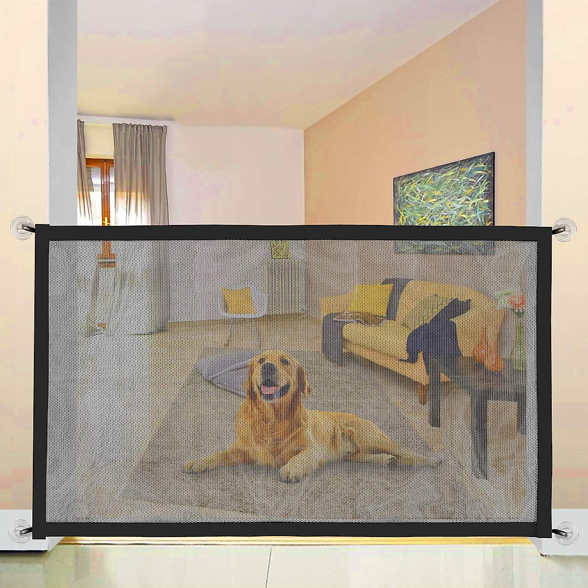 Dog Magic Gate, Mesh Pet Gates for Dogs，Adjustable Zip Design Portable Folding Safety Gate，70.9"/43.3"/27.6" Easy Install Anywhere