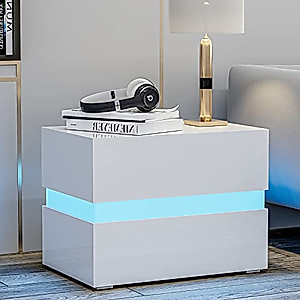 IKIFLY Modern LED End Table with 2 Drawers, High Glossy Nightstand with Storage Cabinet, Bedside for Bedroom Furniture