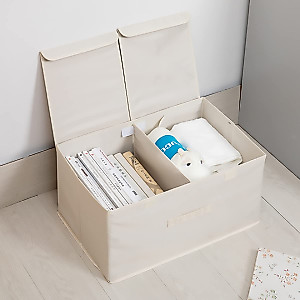 Large Foldable Storage Boxes with Lids Fabric, Large Toy Box, Lidded Storage Bins with Handles for Clothes, 40L Organiser Bathroom Storage Baskets for Clothes Toys Books Bedding or More (Beige 2 Pack)