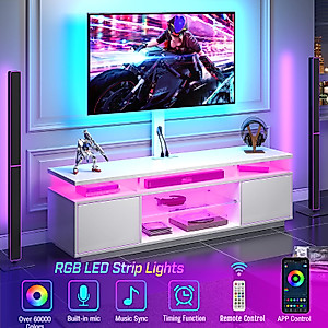 Rolanstar TV Stand with Mount and Power Outlet 51.2", Swivel TV Stand Mount for 32/45/55/60/65/70 inch TVs, Height Adjustable Modern Entertainment Center with Storage & LED Lights, TV Table White