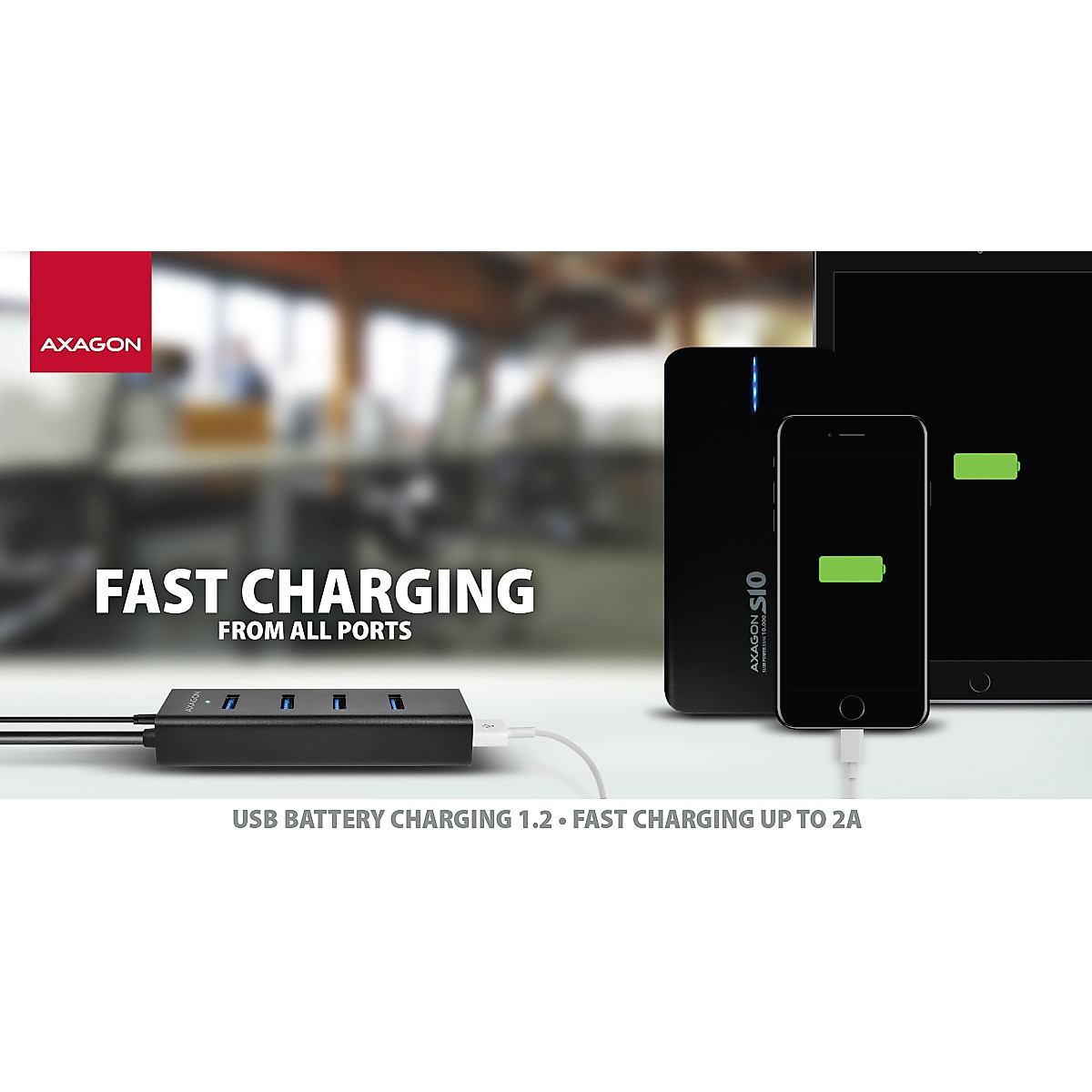 AXAGON HUE-S2B USB-A-Hub, 4X USB 3.0, 1x Micro-USB für Stromversorgung - 300 mm Kabel