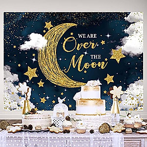 Hilioens 7×5ft We are Over The Moon Baby Shower Backdrop Moon and Stars Starry Night Celestial Background Twinkle Twinkle Little Star Baby Shower Party Decorations for Boy Photo Props
