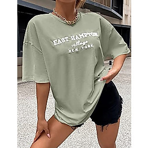 Lauweion Women Drop Shoulder East Hampton Letter T-Shirt Oversized Graphic Baggy Trendy Tee Shirt Top Green