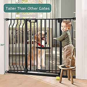 Newnice Upgraded Baby Gate with Cat Door 29.9-48.8" Extra Wide, Tall Dog Gate for The House Doorways Stairs, Auto Close Walk Thru Safety Gate with Small Pet Door, Pressure Mounted Child Gate, Black