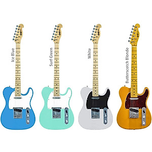 CNZ Audio TL Mini Electric Guitar - Surf Green Finish, White Pickguard, 3/4 Short Scale, 7/8 Size Guitar, 2 Single Coil Pickups, C Shaped Maple Neck, Natural Maple Fingerboard, Classic Look & Feel