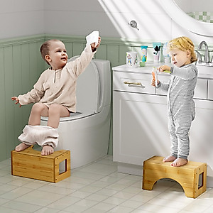 AmazerBath Potty Training Toilet Stool for Toddler, 7” Sturdy Bamboo Small One Step Stools for Adults, 3-in-1 Space Saving Baby & Kids Squat Poop Foot Stool for Bathroom Sink, Kitchen Counter, Closet