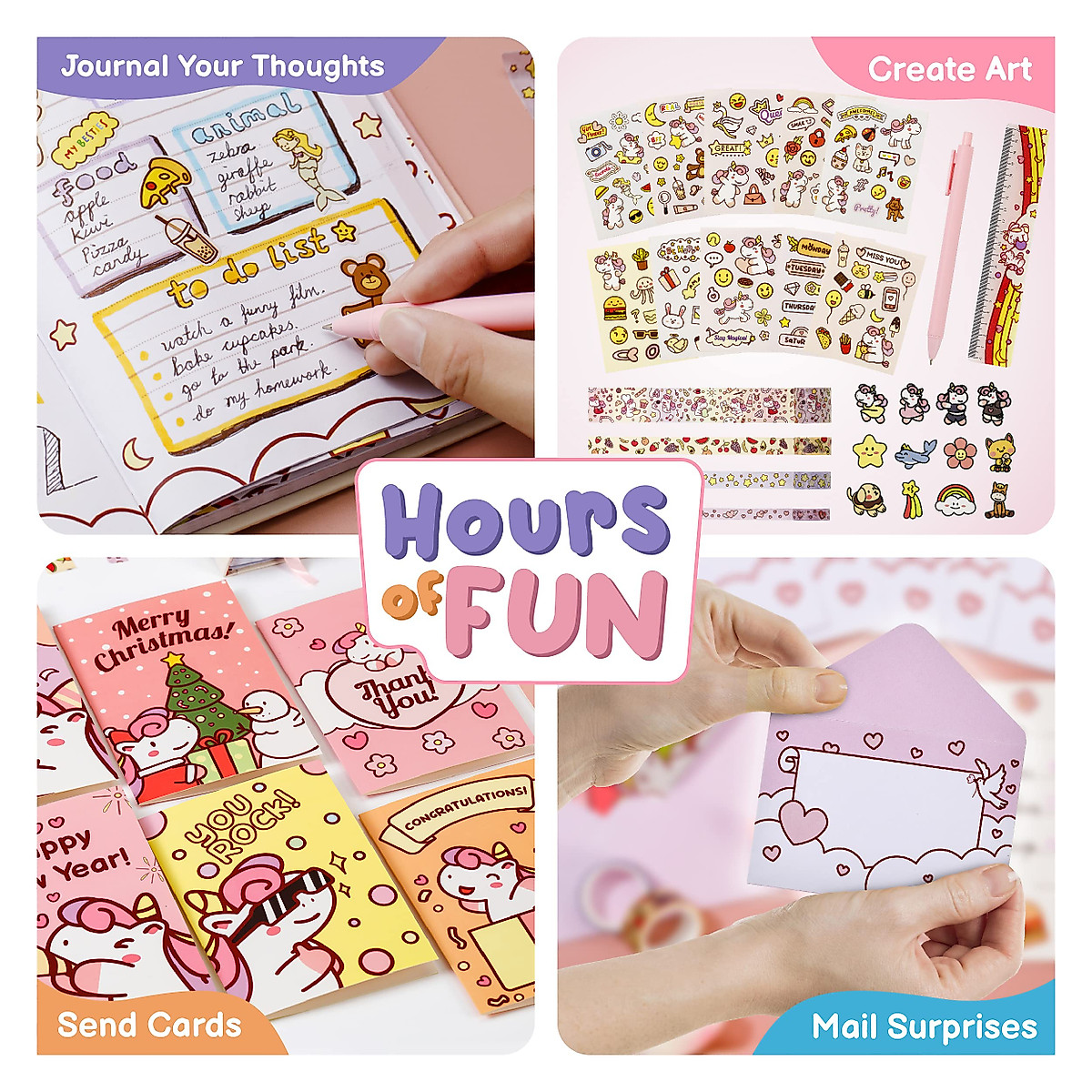 Unicorn Journal Stationary Set, Unicorns Gifts For Girls Age 5 6 7 8 9 10 12 Year Old, Big Cute Stationery Writing Pink Sticker Art, Kid Diary Notebook Pen Set, DIY Journaling Kit, Kawaii Toys