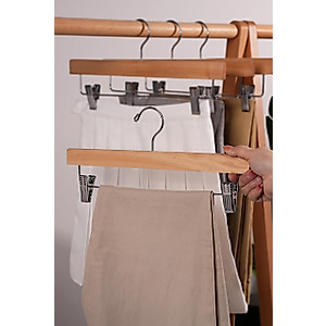 Wooden Pants Hangers, Solid Wood Bottom Jeans Skirt Hanger with 2-Adjustable Clips Anti Rust Hook Pack of 10 (Natural)-HL01NP