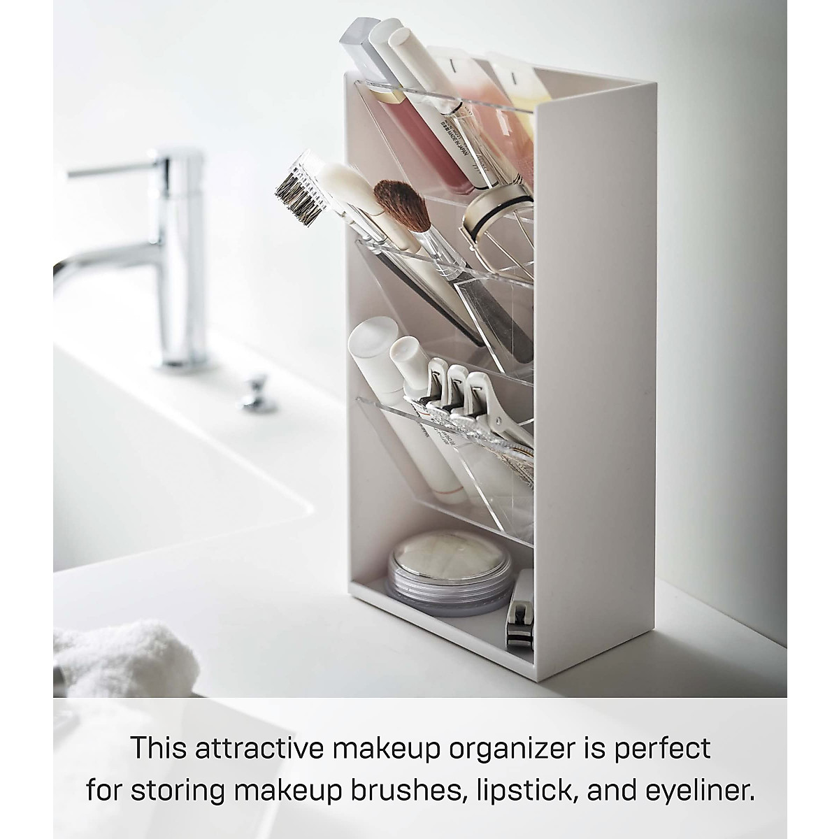 YAMAZAKI Home Tower Jewelry & Makeup Organizer, Standup Cosmetic Storage Box, Display Case - Angled - Abs Plastic