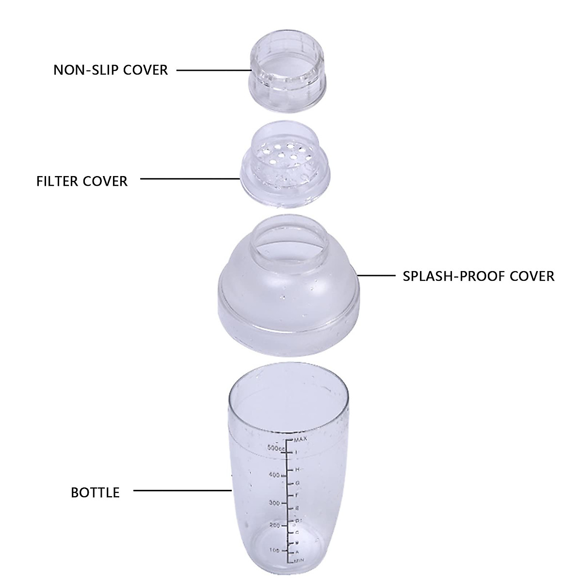 FEOOWV Upgraded Four-stage Plastic Cocktail Shaker, Hand Drink Mixer, Boba Tea Shaker Cup with Scales, Bar Tool Transparent (1, 17oz)