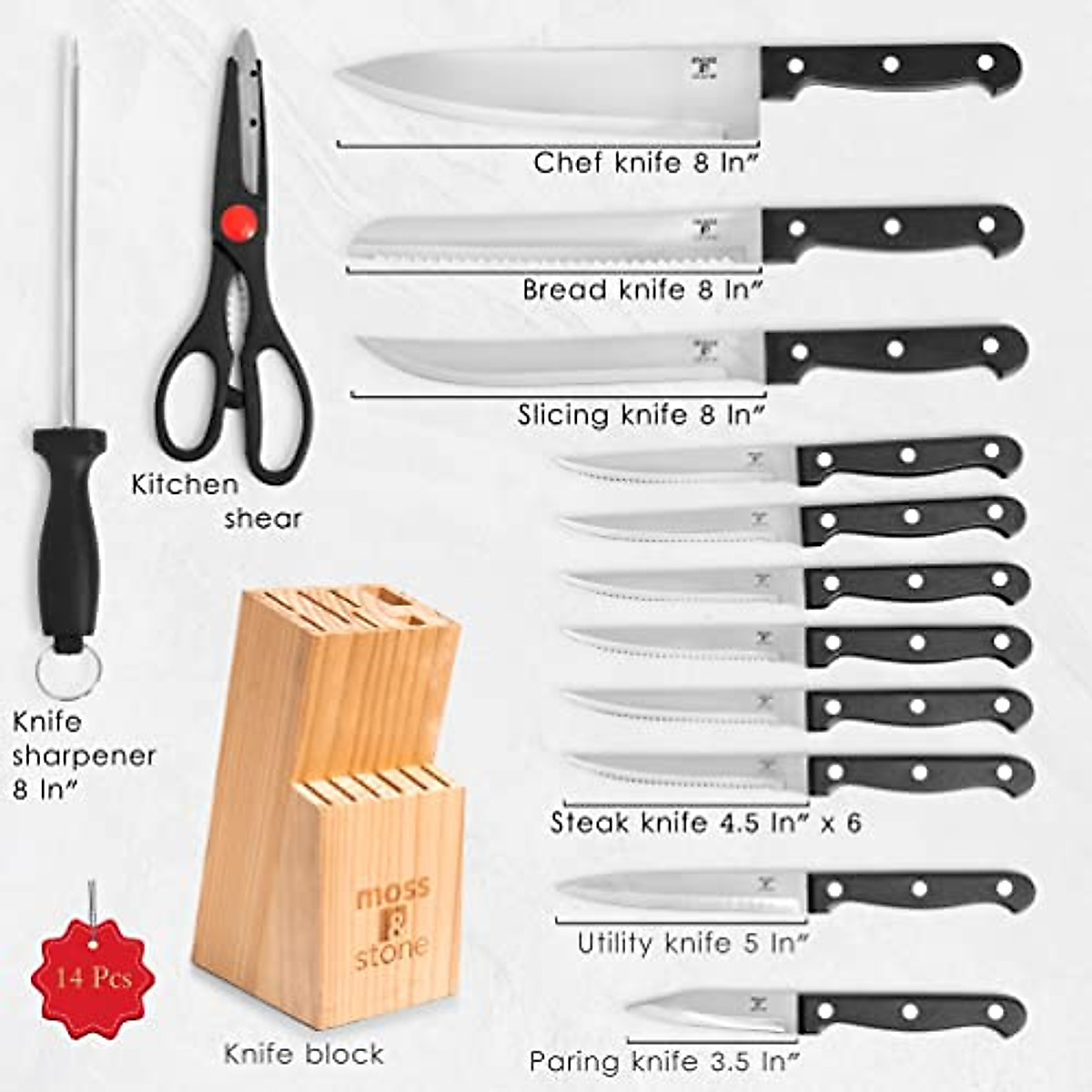 Moss & Stone Stainless Steel Serrated Knife Set | Premium Kitchen knives Set With High-Carbon Stainless Steel Blades And Wooden Block Set | Cutlery Knife Set, Kitchen Set. (14 Piece)